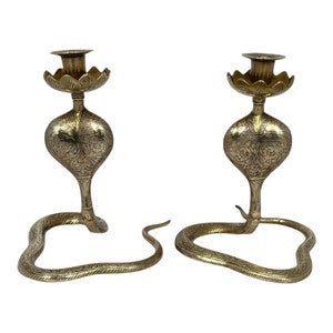 Vintage Brass Snake Candle Holders, Two Large Enameled Cobra Snake ...