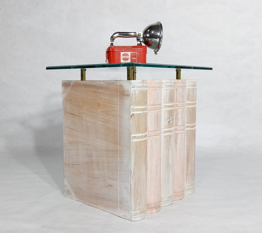 Vintage Book Shaped Wood Glass Top Library End Side Table | Etsy