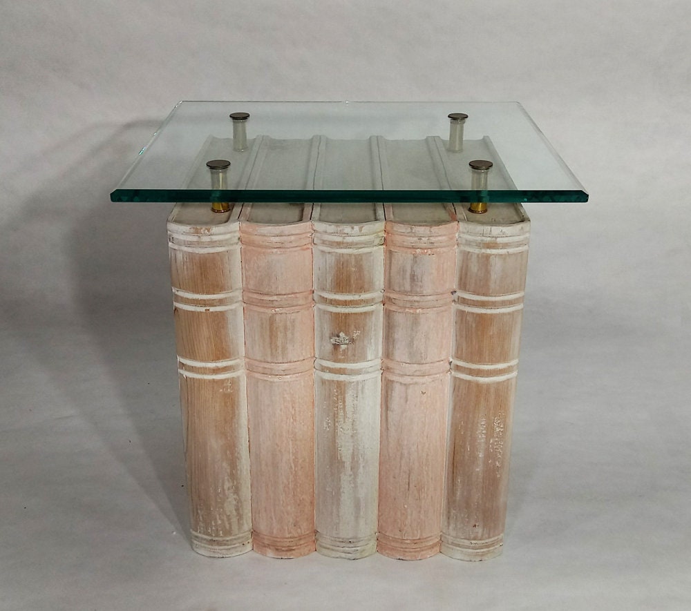 Vintage Book Shaped Wood Glass Top Library End Side Table | Etsy