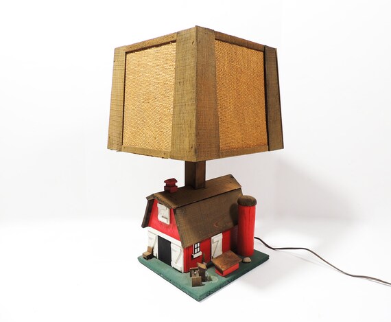 Vintage Rustic Wood Red Barn House Table Lamp With Woven Shade - Etsy