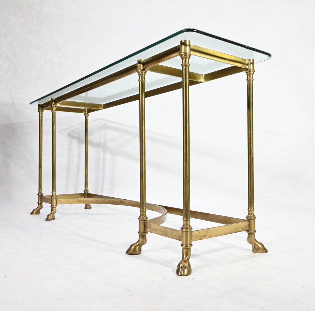 Labarge Beveled Glass Hoof Feet Hollywood Regency Brass Console Table ...