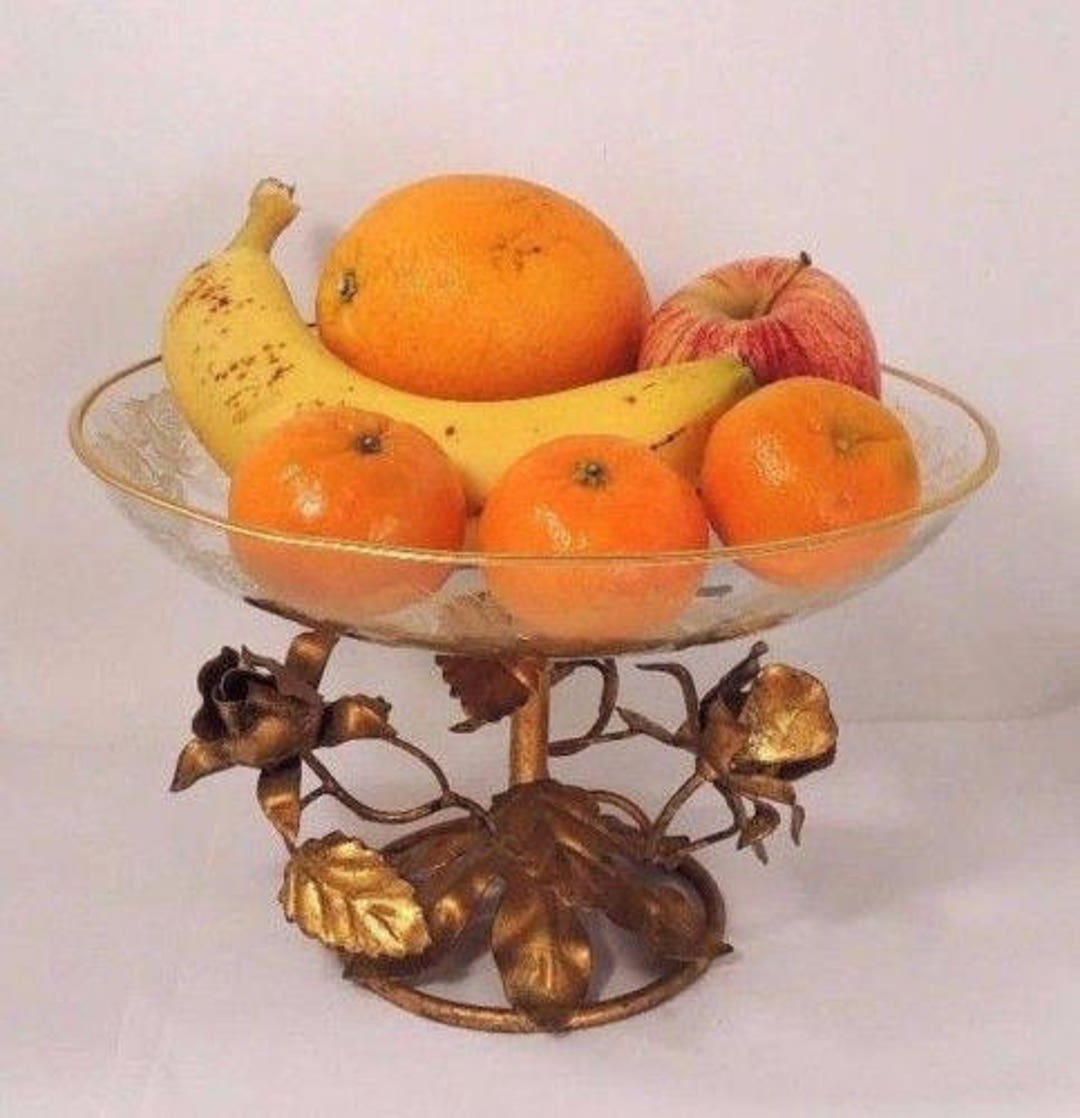 Vintage Gilt Tole Rose Glass Fruit Bowl Candy Dish Italy - Etsy