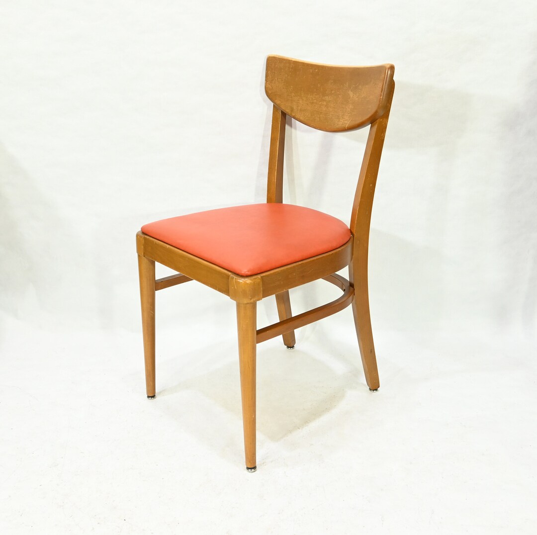 Vintage MCM Era Solid Wood Orange Vinyl Chair - Etsy