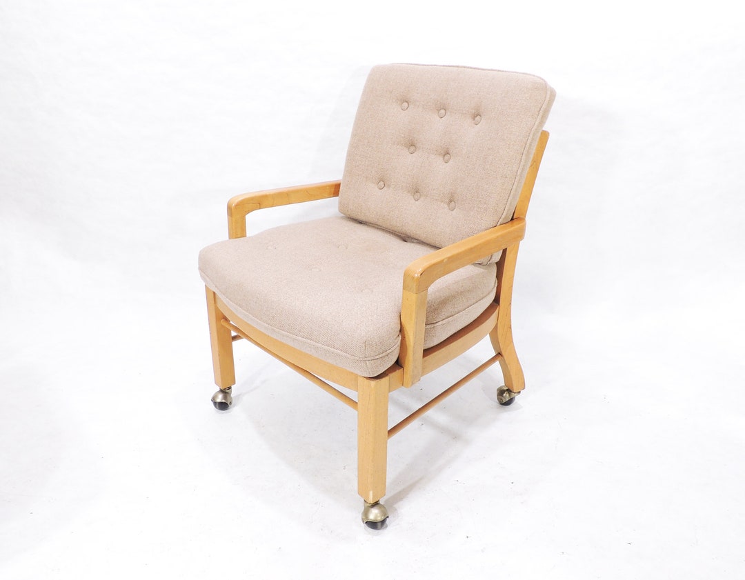 Vintage Bassett Furniture Wood Cloth Rolling Conference Wide Comfy ...
