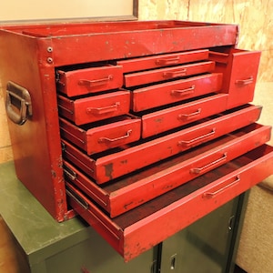 Vintage MCM Era Red Metal Multiple Drawers Tool Cabinet Rustic Storage ...
