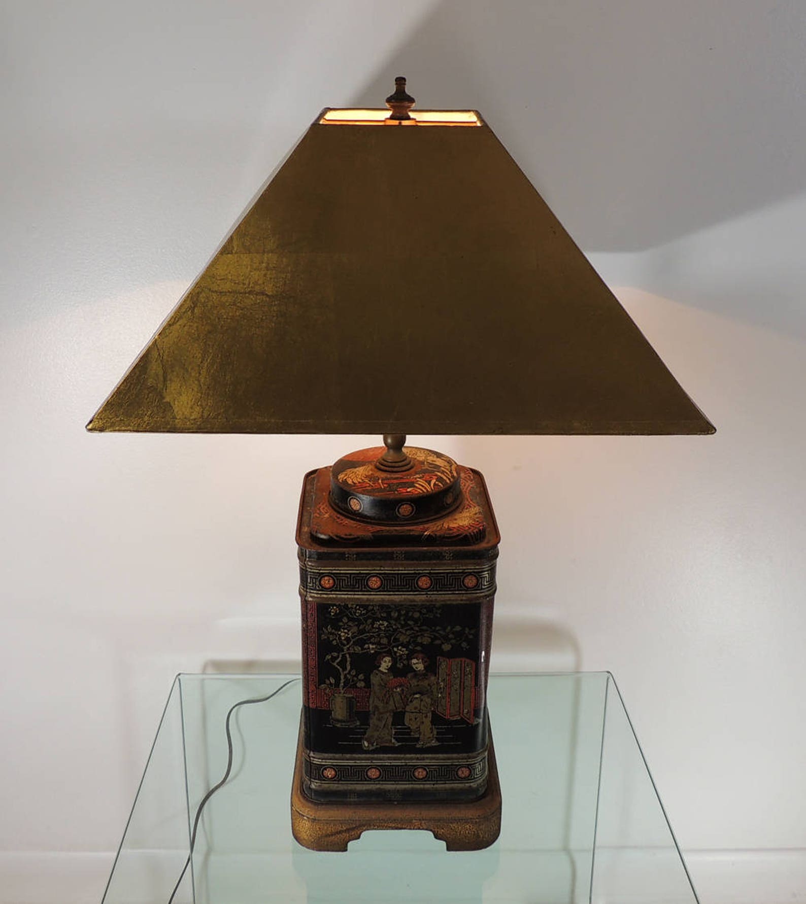 Great Rustic Wildwood Oriental Tin Table Lamp Wood Base - Etsy