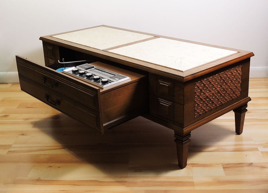 MCM Era Arvin Industries Wood Stone Travertine Coffee Table W Stereo ...