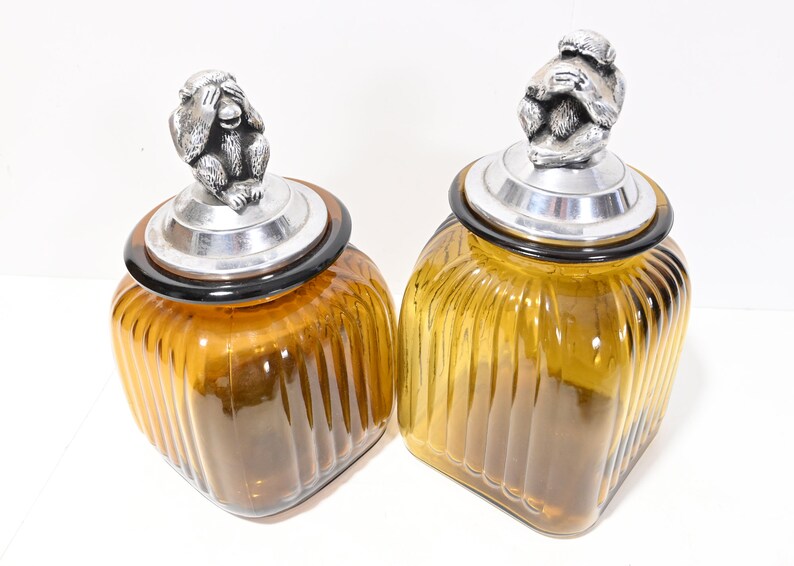 Set of 2 Vintage Glass Storage Jars With Metal Monkey Lids - Etsy