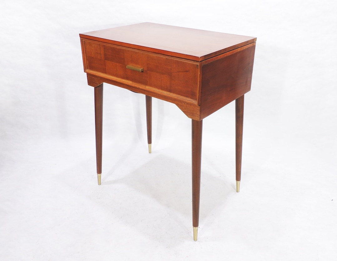 MCM Era Singer Wood Finish Folding Sewing Side End Table With Sewing ...