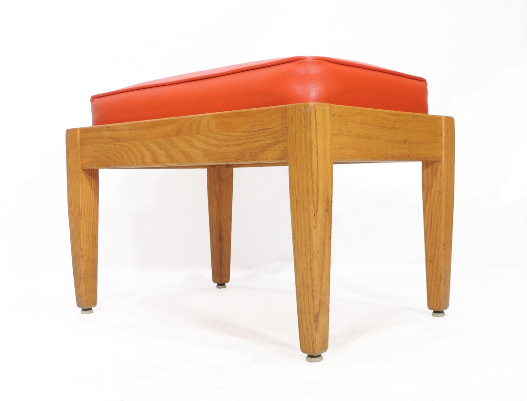 Vintage MCM Era Orange Vinyl Wood Ottoman Stool - Etsy