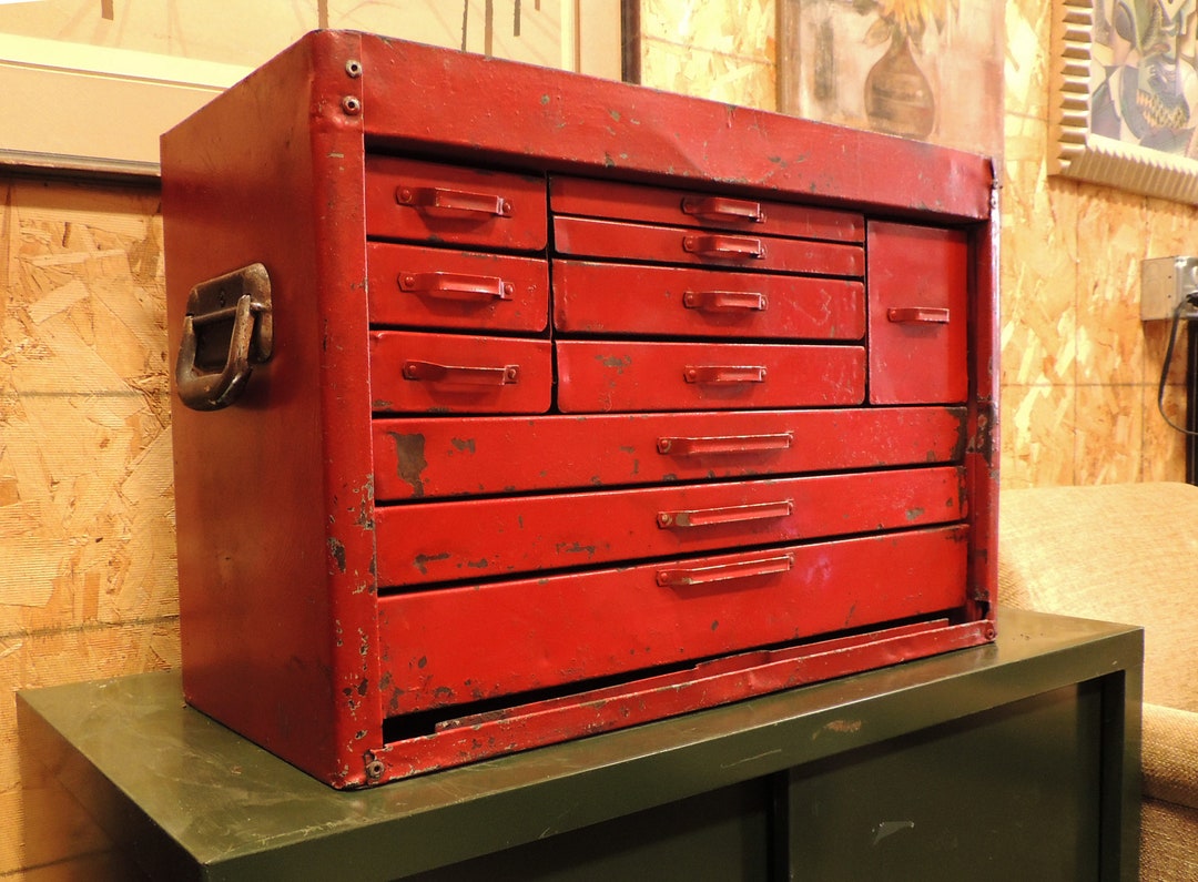 Vintage MCM Era Red Metal Multiple Drawers Tool Cabinet Rustic Storage ...
