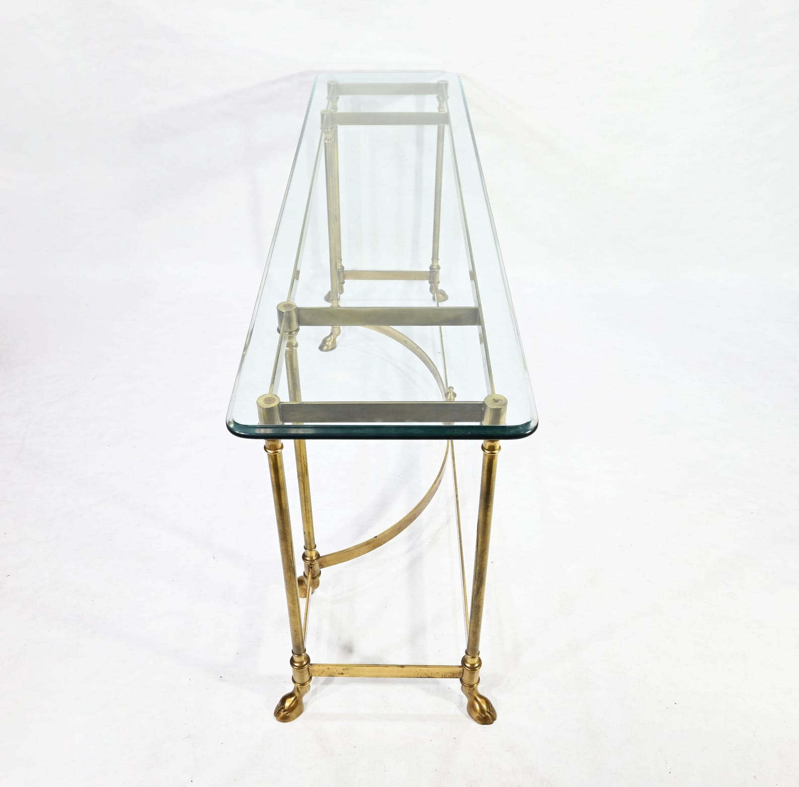 Labarge Beveled Glass Hoof Feet Hollywood Regency Brass Console Table ...
