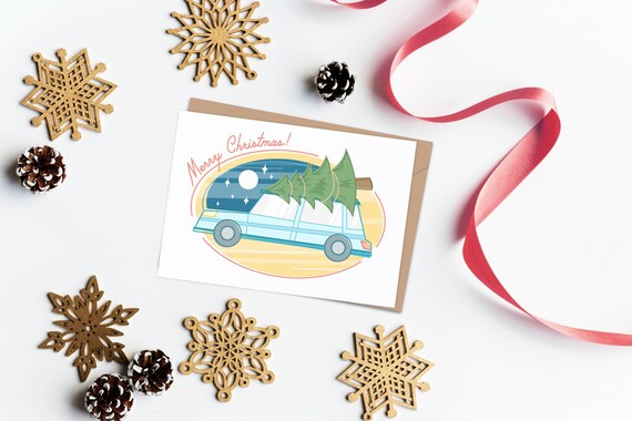 Retro Christmas Tree With Car Card. Tree on Car Driving Home | Etsy