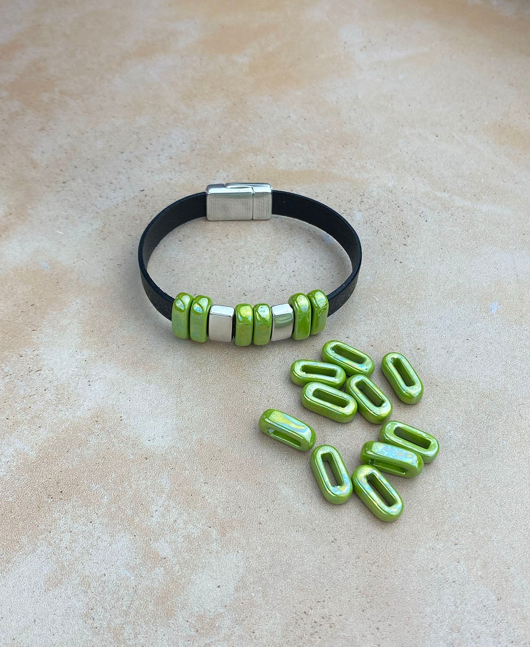 Greek Ceramic Slider Iridescent Green for Use With Flat Cord up to 10MM ...