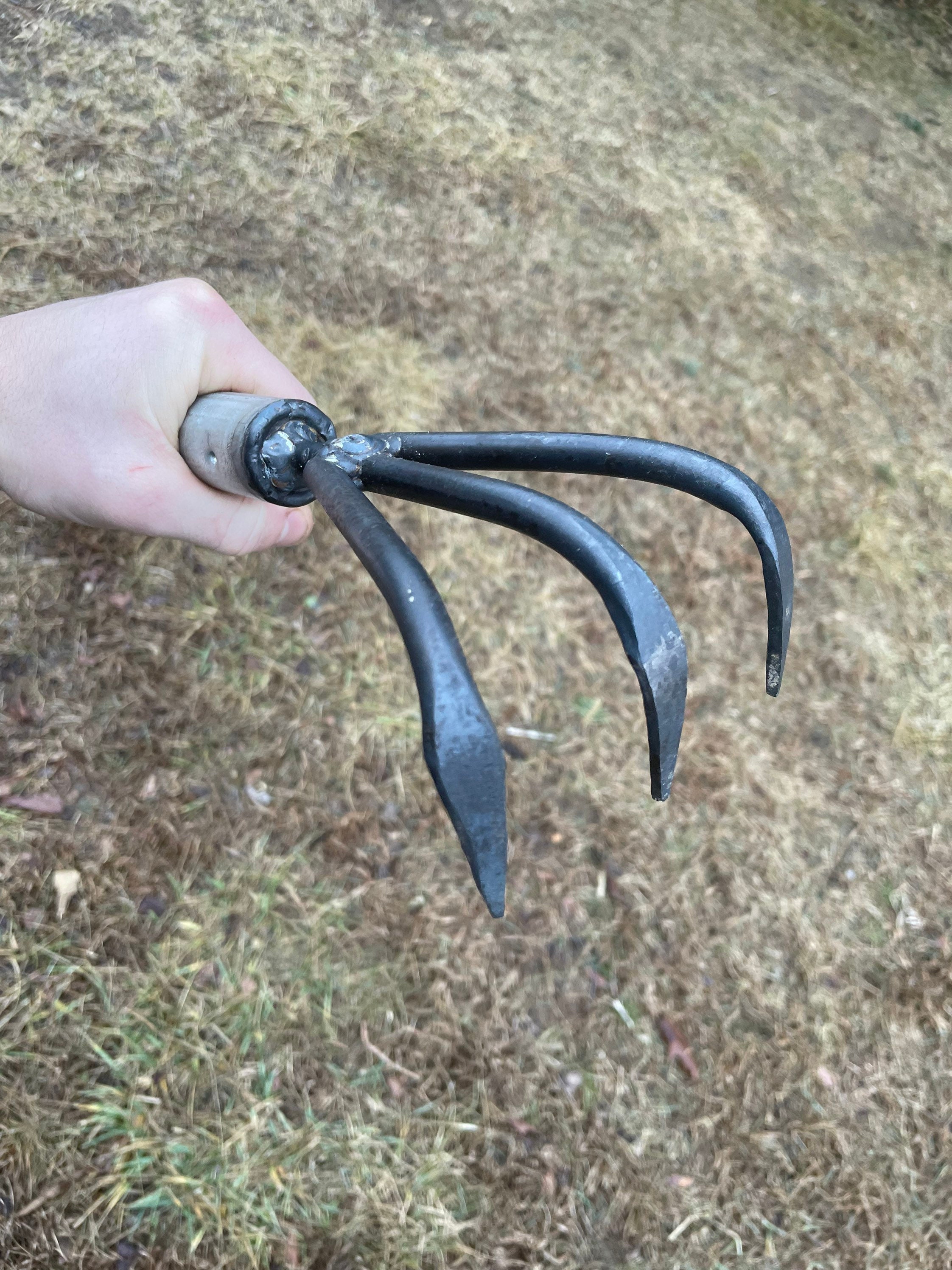 Hand Forged Garden Cultivator, Steel Tines and Collar, Solid Oak Handle ...