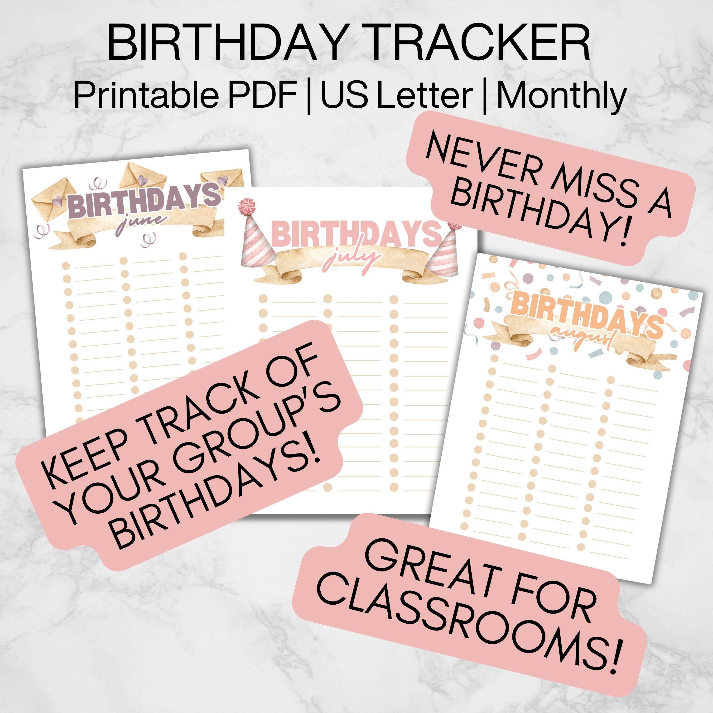 Printable Watercolor Pastel Themed Birthday Tracker Undated Monthly ...