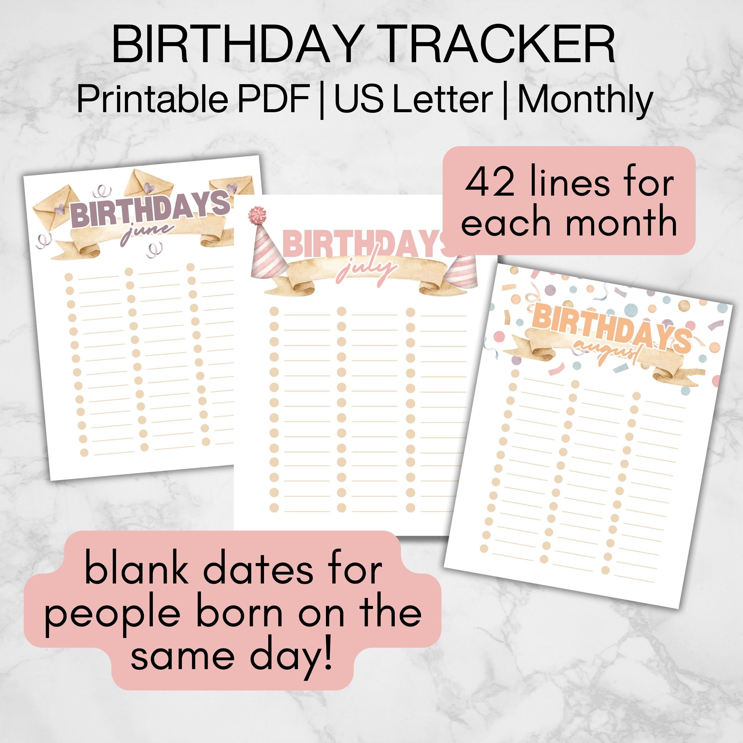 Printable Watercolor Pastel Themed Birthday Tracker Undated Monthly ...