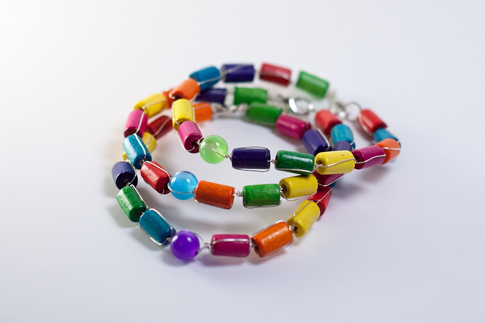 Colors of the Life - Fancy Multicolor Wood Beads Silver Wire Bracelet ...