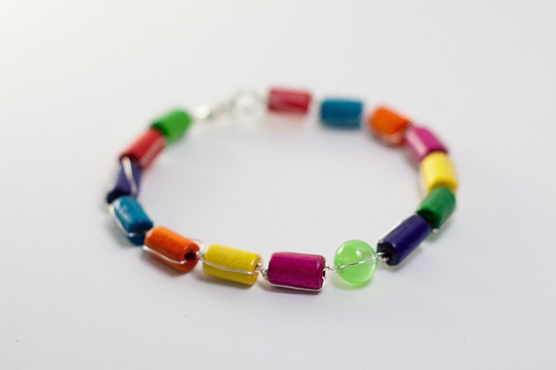 Colors of the Life - Fancy Multicolor Wood Beads Silver Wire Bracelet ...