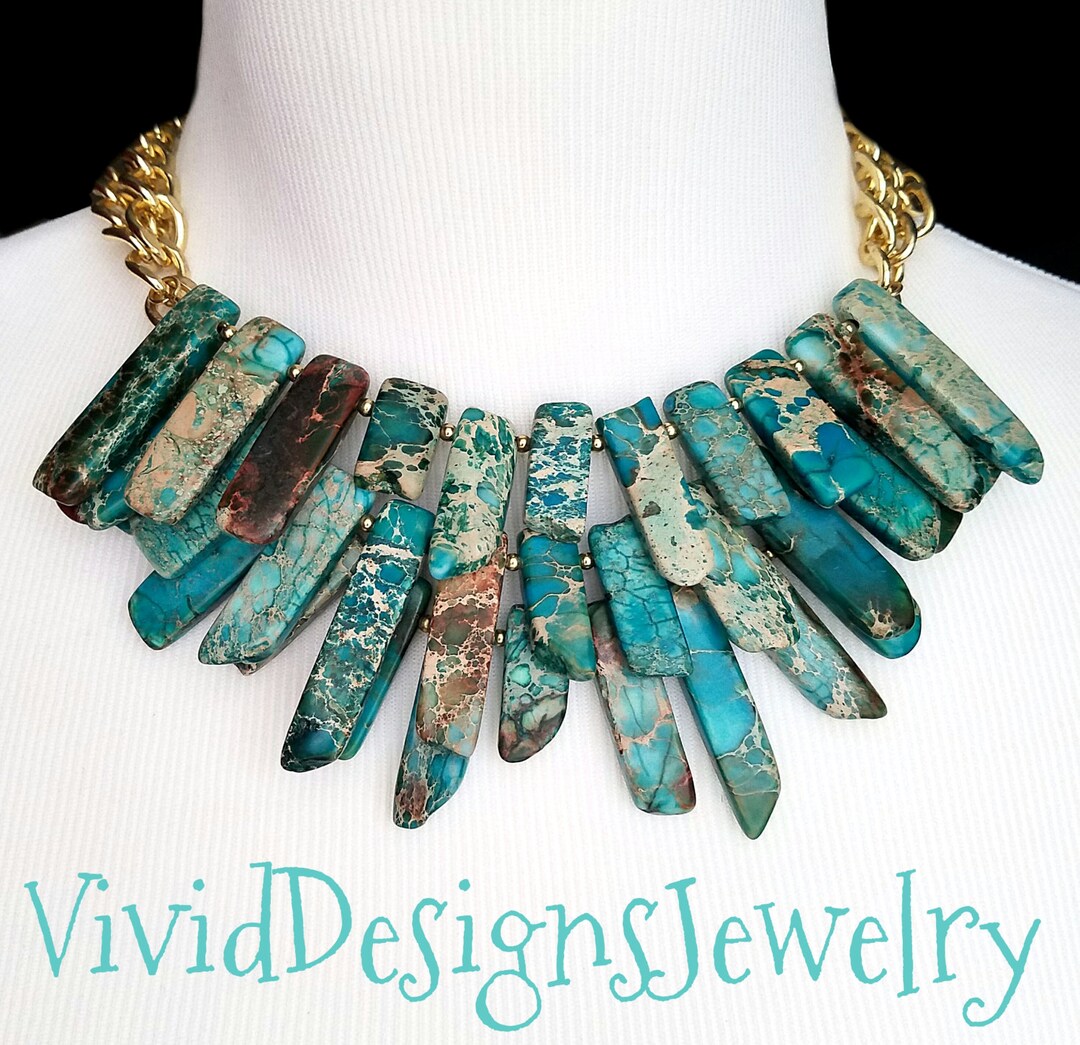 Turquoise Blue Spiked Imperial Jasper Statement Necklace- Stick Bib ...