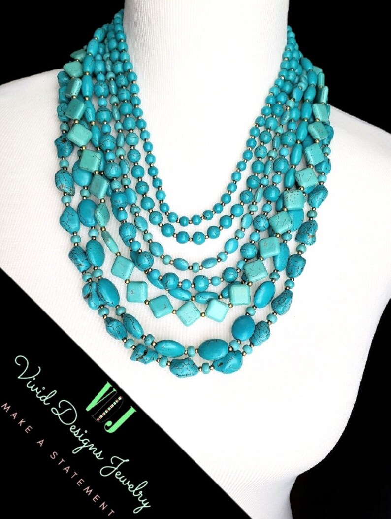Turquoise Beaded Layered Statement Necklace- 8 Layer Turquoise Bohemian ...