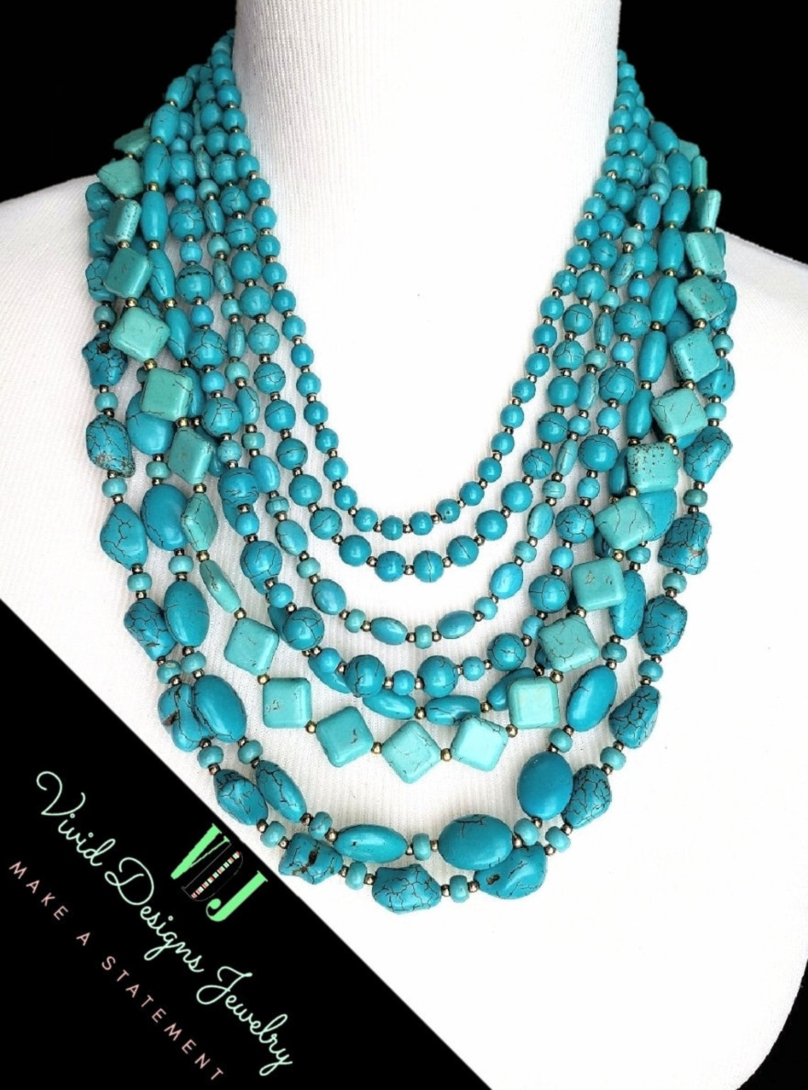 Turquoise Beaded Layered Statement Necklace- 8 Layer Turquoise Bohemian ...
