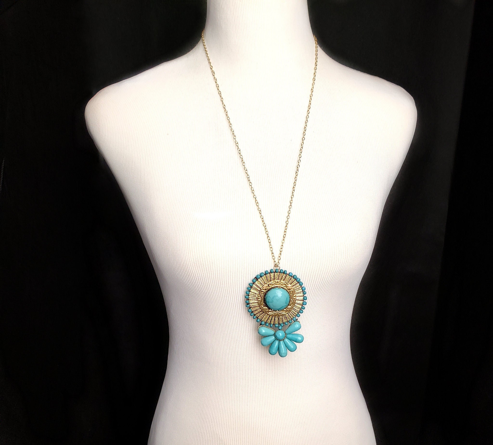 Long Turquoise Medallion Statement Necklace Long Bohemian Necklace ...