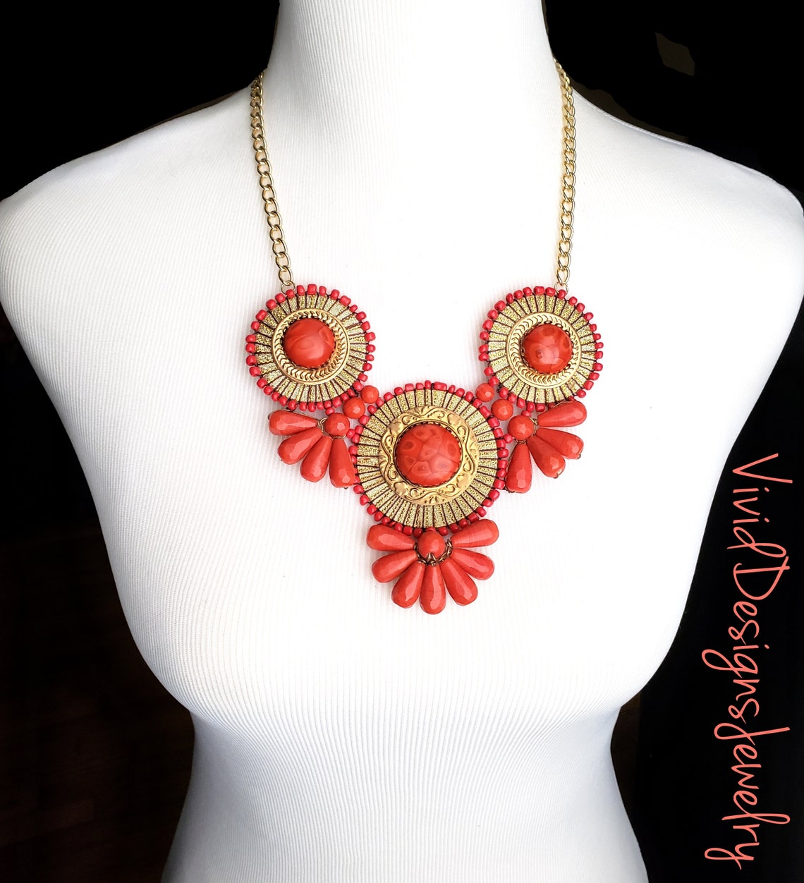 Orange Bib Bubble Statement Necklace- Orange Coral Necklace- Orange ...