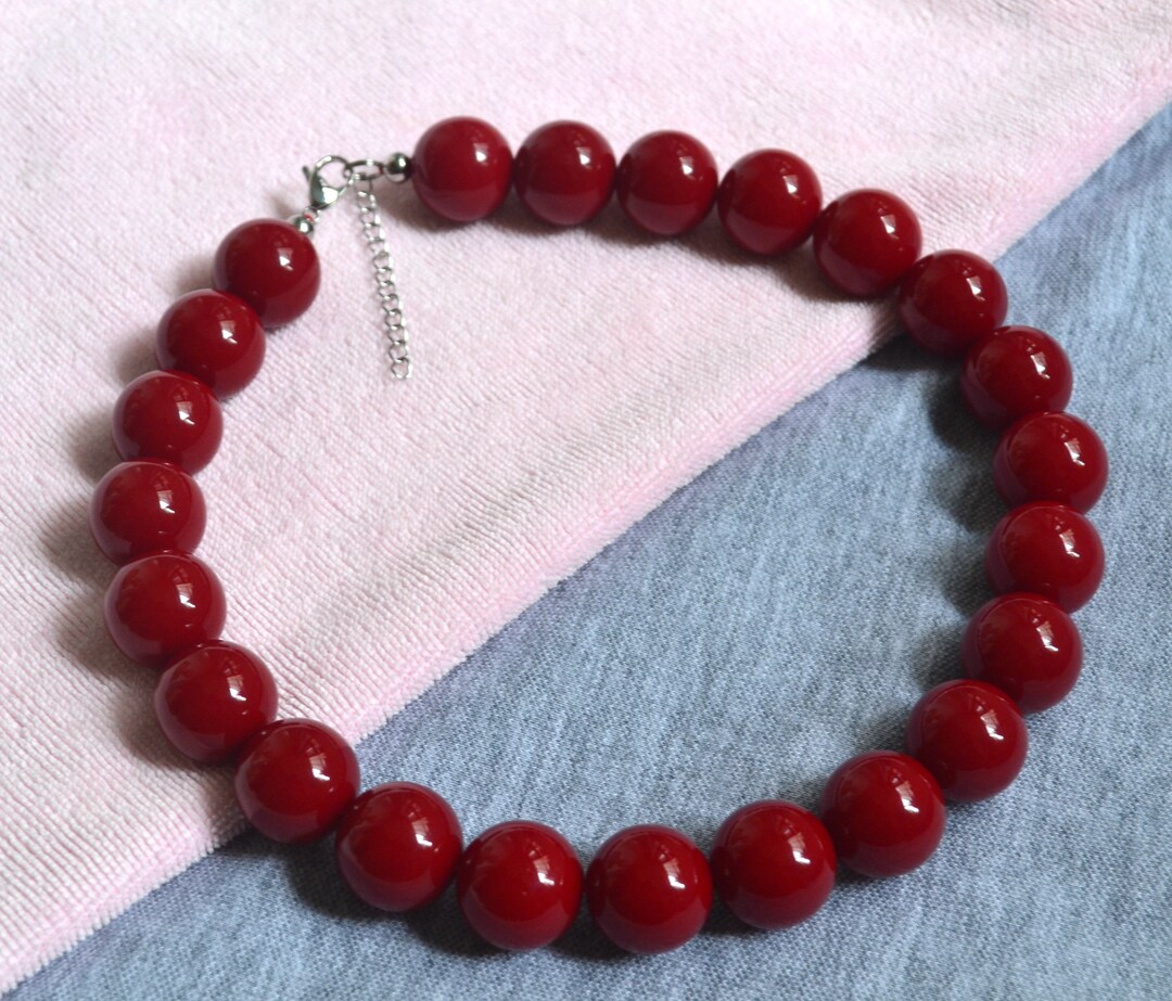 Dark Red Beaded Necklace, Bubblegum Bead, Statement Jewelry - Etsy