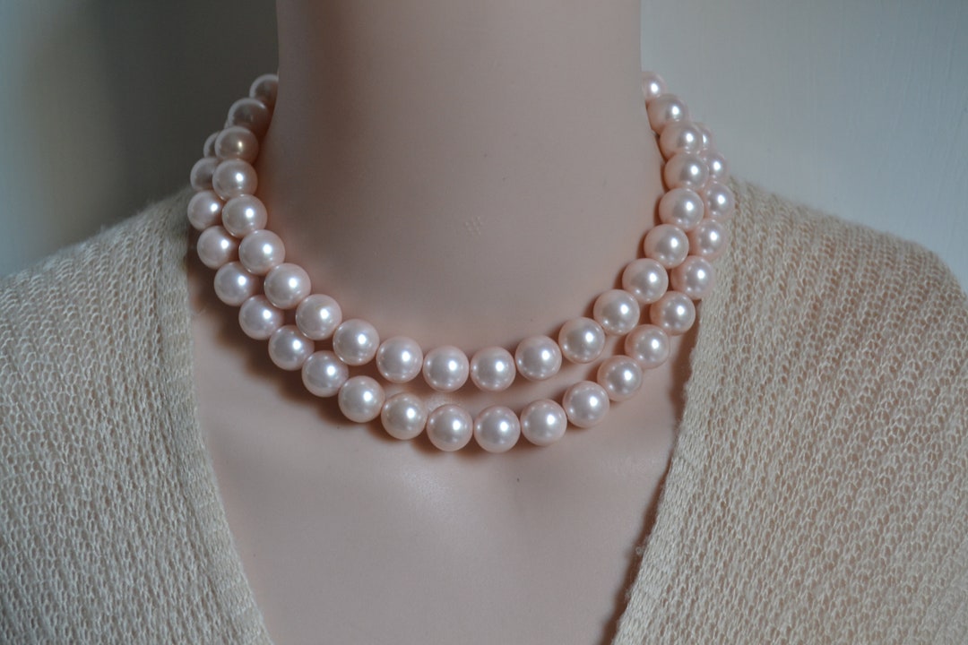 Big Shell Pearl Necklace, Double Strand 12 Mm Pink Shell Pearl Necklace ...