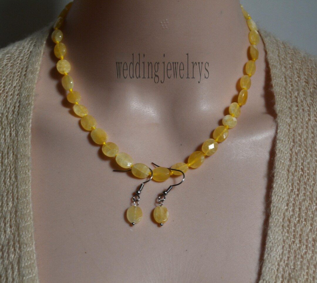 Natural Light Yellow Jade Necklace, Oval Bead Jewelry, Bridesmaid Gift ...