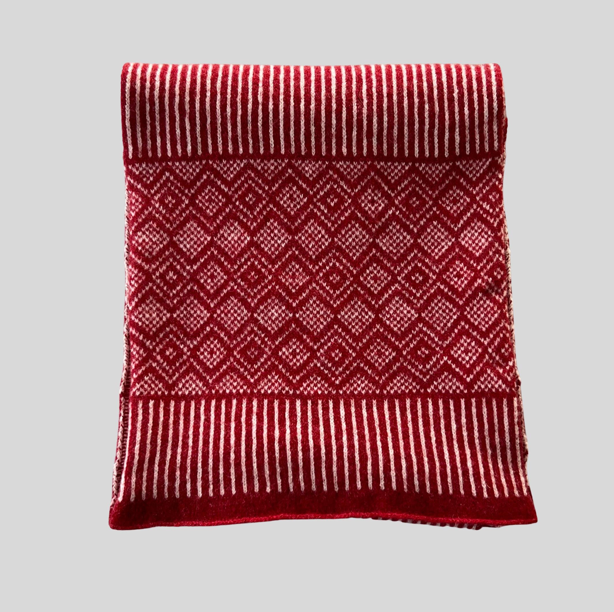Scarf - Soft Merino Lambswool Scandi Pattern and Stripes Berry Red and ...