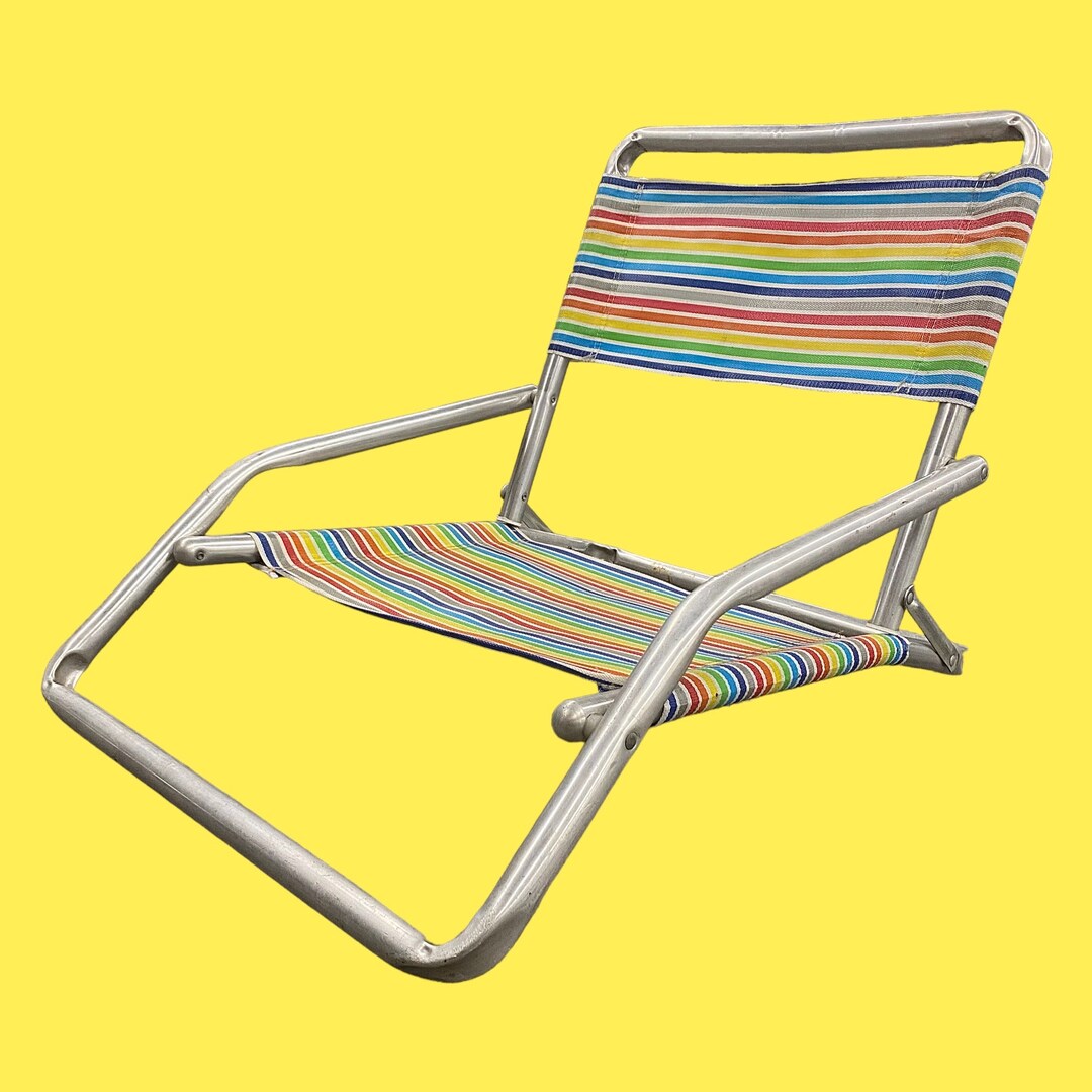 Vintage Beach Chair Retro 1980s Coastal Rainbow Stripe Fabric Aluminum ...