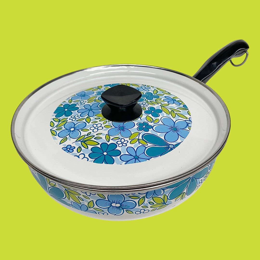 Vintage Enamel Pan With Lid Retro 1970s Mid Century Modern + Blue ...