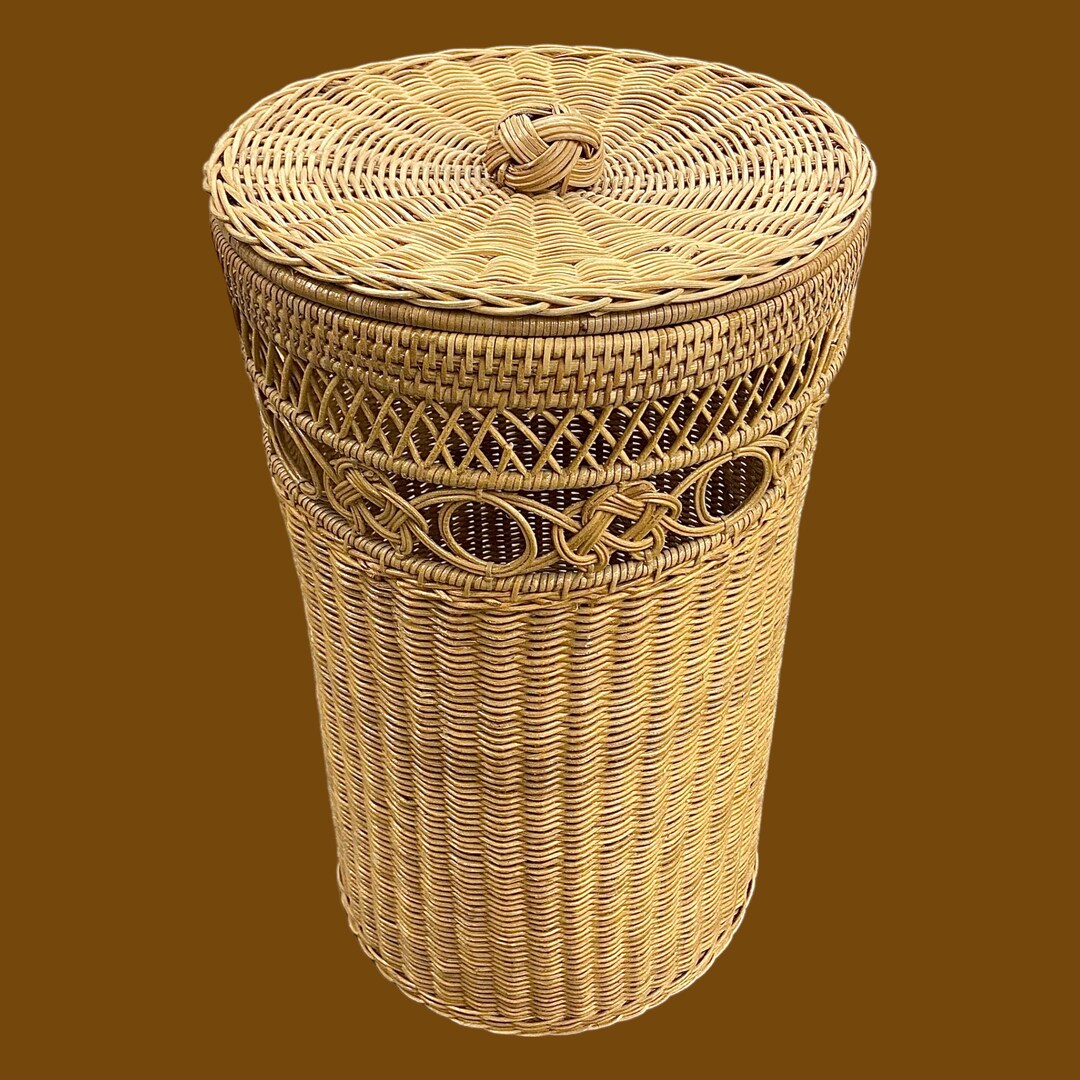 Vintage Wicker Hamper Retro 1980s Bohemian Tan Woven Cylinder Shaped ...