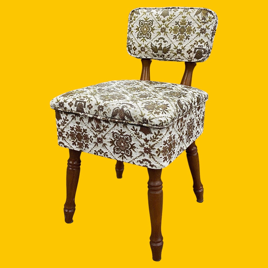 Vintage Sewing Chair Retro 1970s Colonial Brown Wood Frame Spindle Legs ...