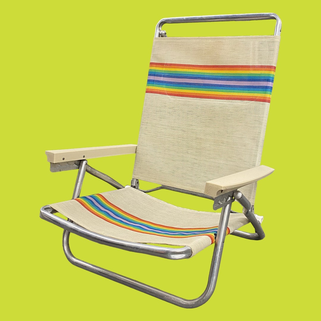 Vintage Beach Chair Retro 1990s Coastal Rainbow Stripe Fabric Aluminum ...