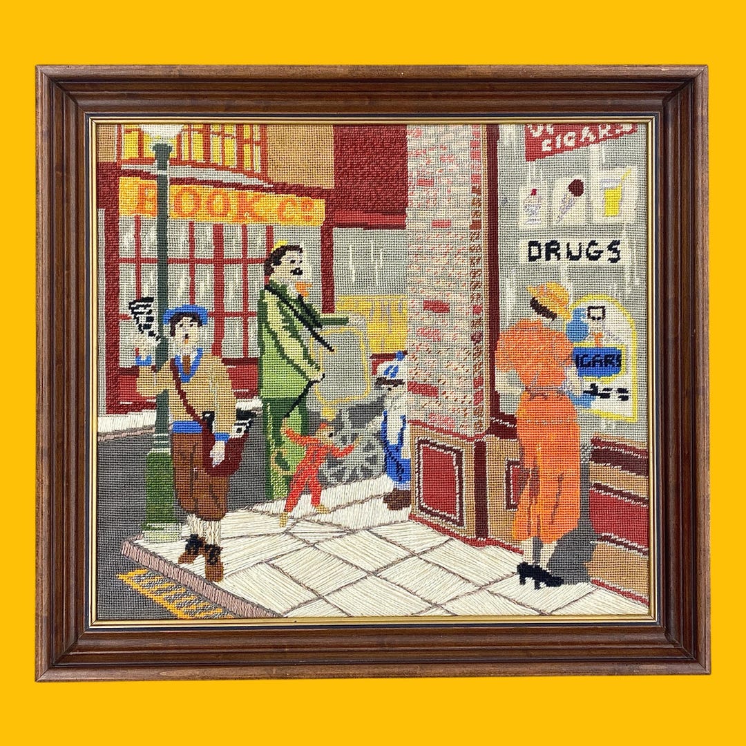 Vintage Needlepoint 1970s Retro Size 18x20 Art Deco + Street Scene ...