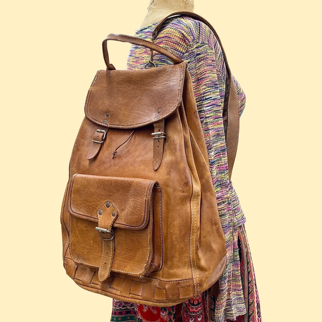 Vintage Leather Bookbag Retro 1970s Minimalist + Unisex Backpack ...