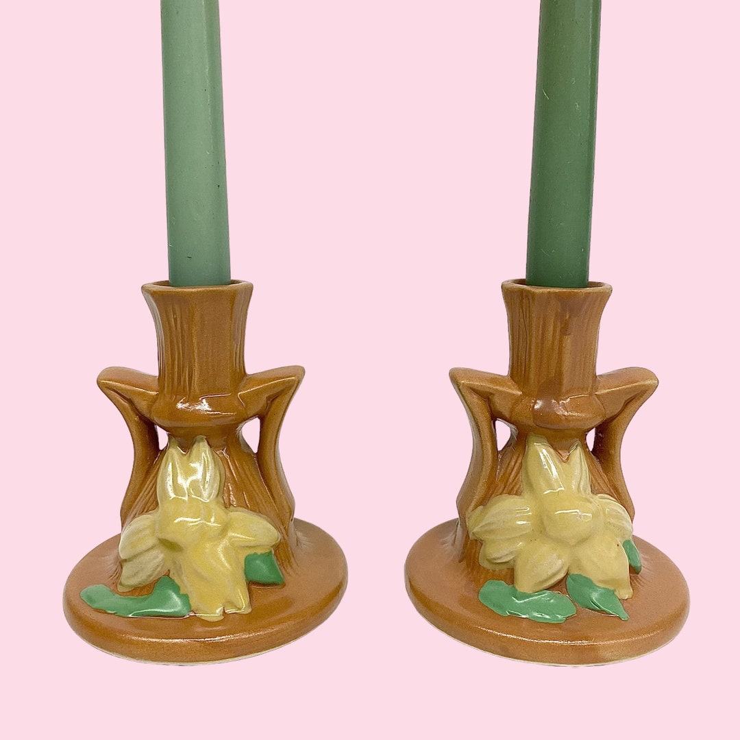 Vintage Roseville Pottery Candlestick Holders Retro 1940s Farmhouse ...