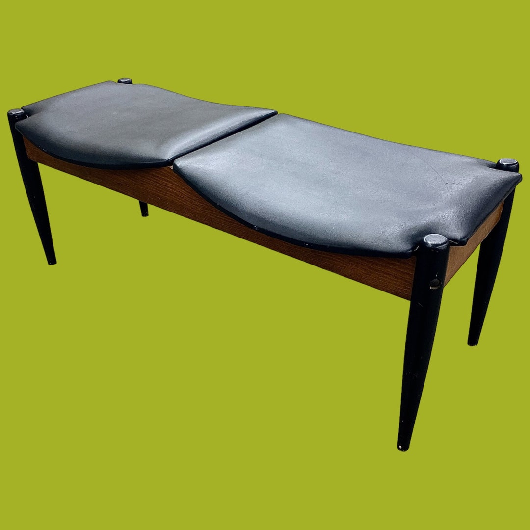 Vintage Bench Retro 1960s Mid Century Modern Black Vinyl Cushioned Top ...