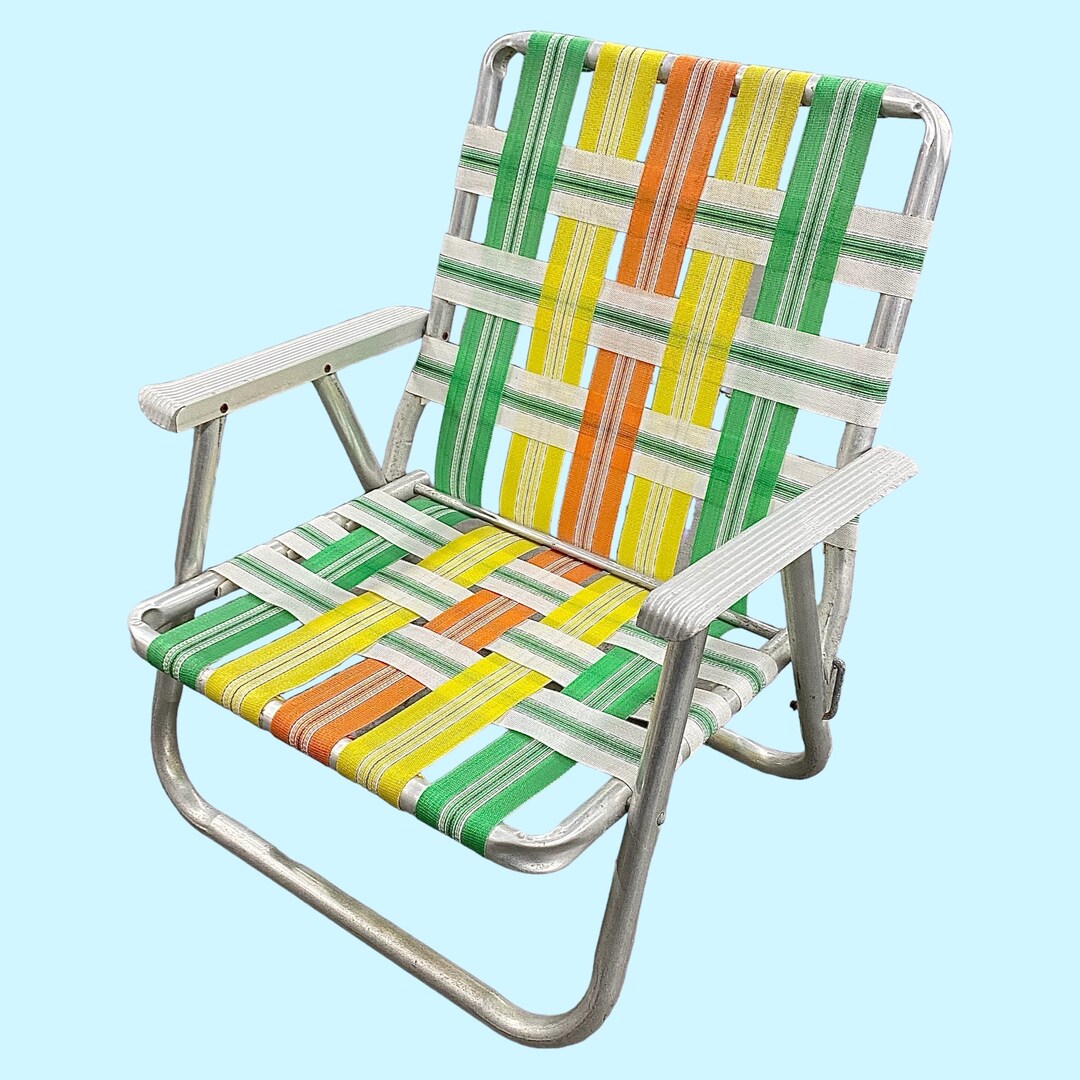 Vintage Beach Chair Retro 1960s Silver Aluminum Frame Green Yellow ...