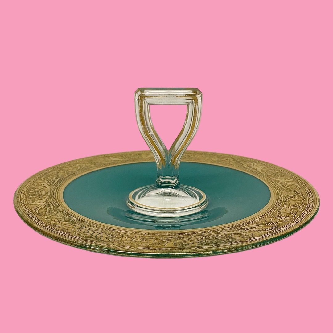 Vintage Sandwich Plate Retro 1940s Farmhouse Glass Built in Handle Gold ...