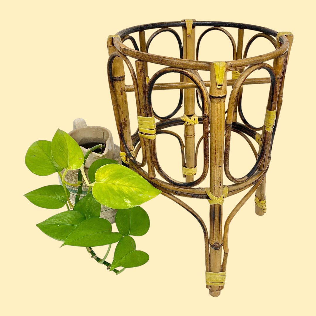 Vintage Plant Stand Retro 1980s Bohemian + Rattan and Straw + Small ...