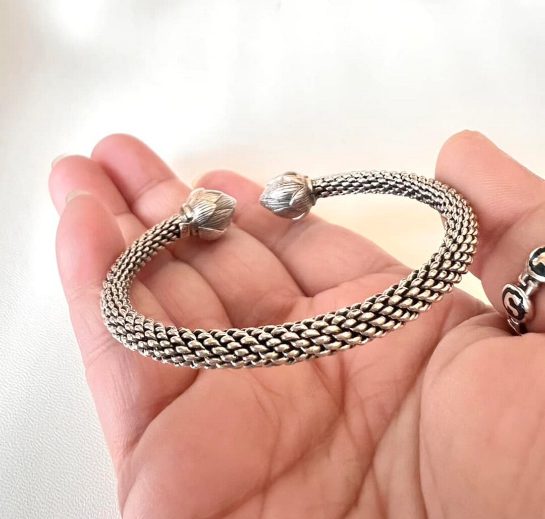 Sterling Silver Cuff Bracelet, Oxidized Lotus Bud Silver Cuff Bracelet, 925 Silver Lotus Flower ...