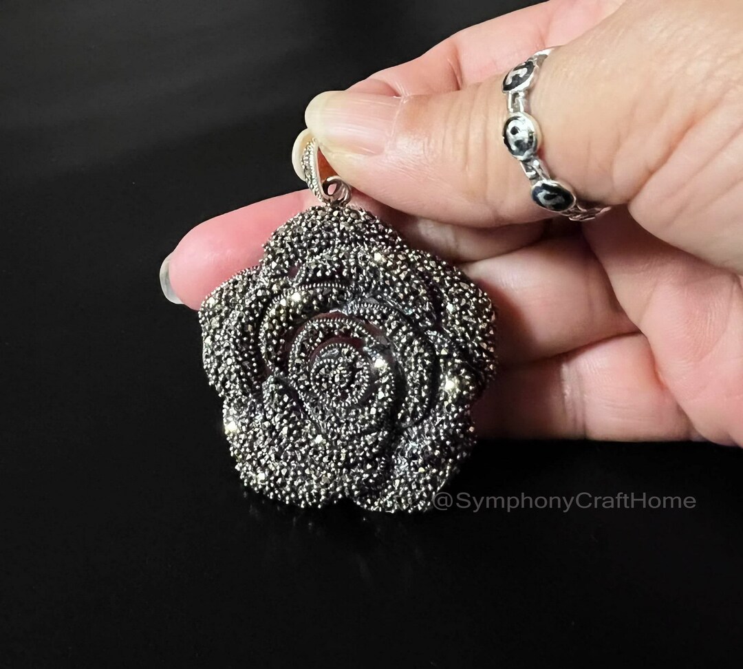Sterling Silver Rose Marcasite Pendant, Rose Pendant, 3D Rose Sterling ...