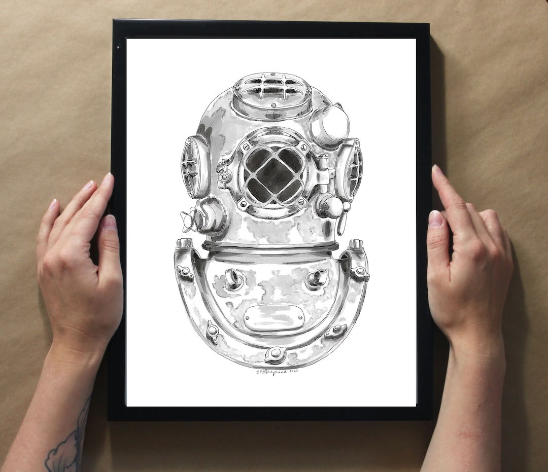 Dive Helmet - Ink Line Drawing - Art Print, Wall Art, Scuba Diver ...