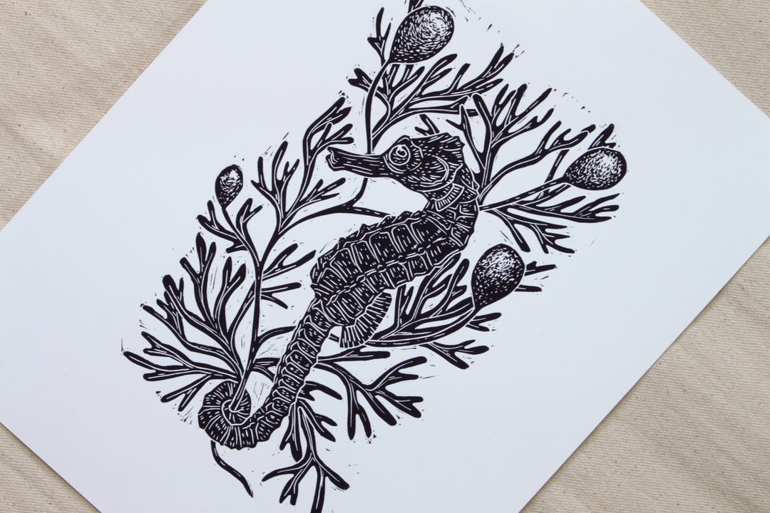 Handmade Linocut Print - Seahorse - Depicting a Seahorse Hanging Onto ...