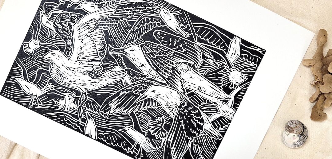 Flock of Seagulls - Lino-cut Print - Printed by Hand - Block Print ...