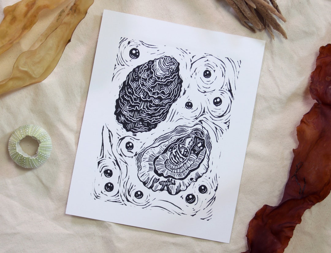 Oyster Shell - Hand-printed Lino-cut Block Print - Depicting an Open ...